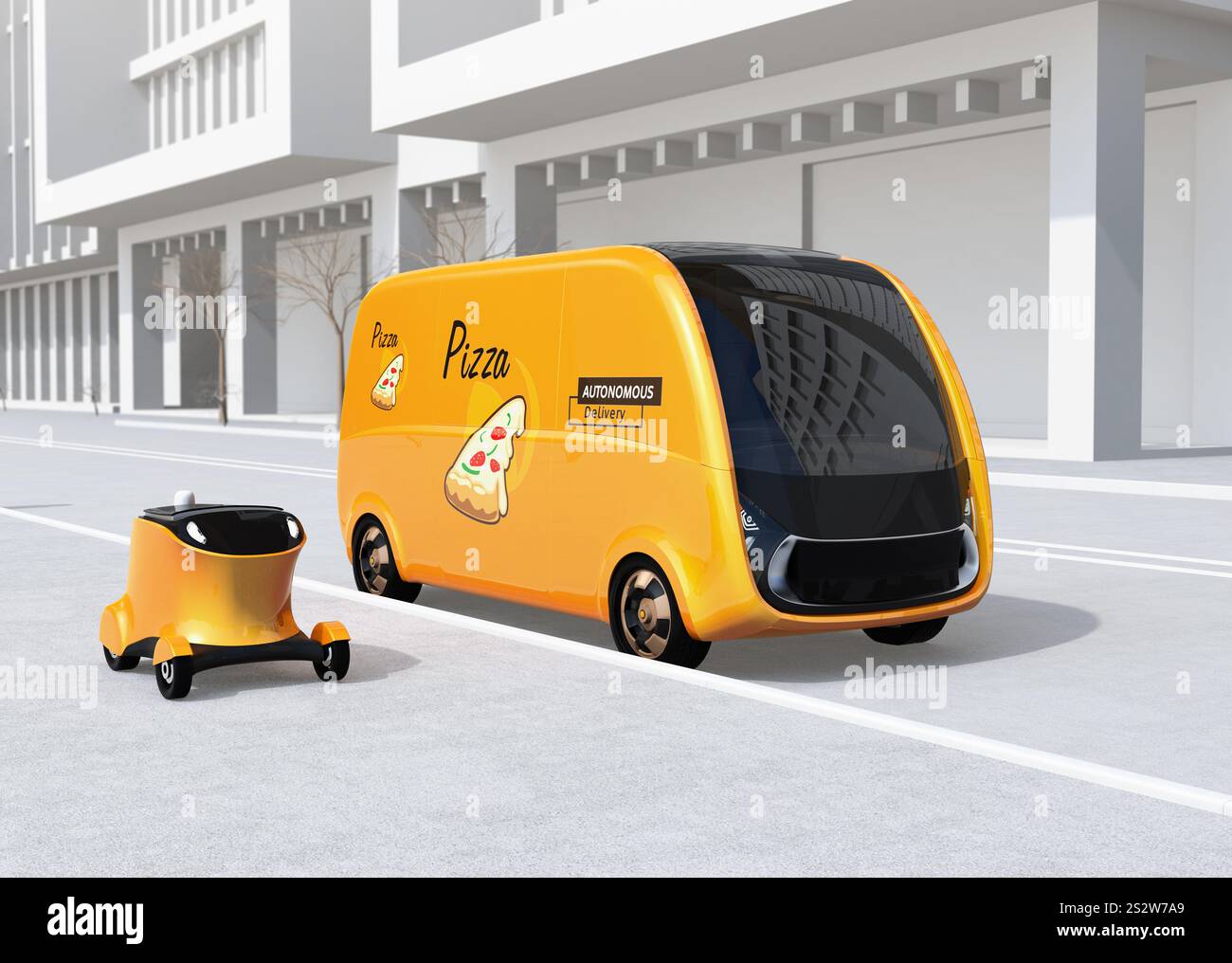 Concept image of unmanned pizza delivery robot car and delivery drone ...
