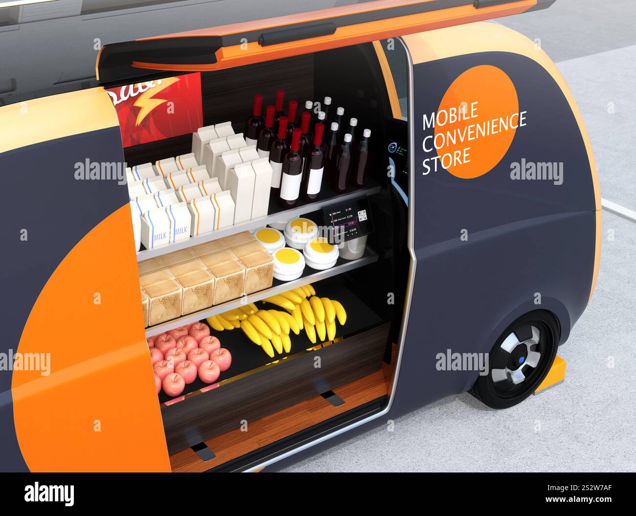 Image of an automated driverless vending vehicle. Product shelves are ...