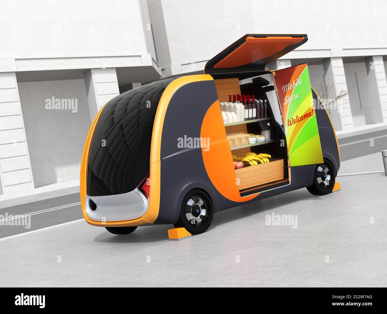 Image of an automated driverless vending vehicle. Product shelves are ...