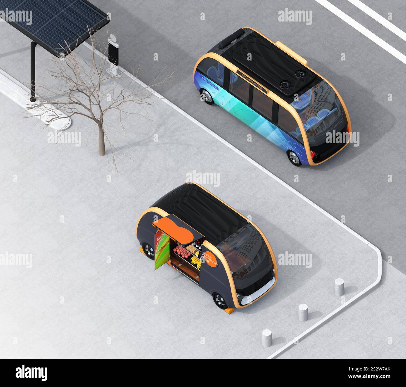 Image of an automated bus and unmanned vending vehicle with a common ...