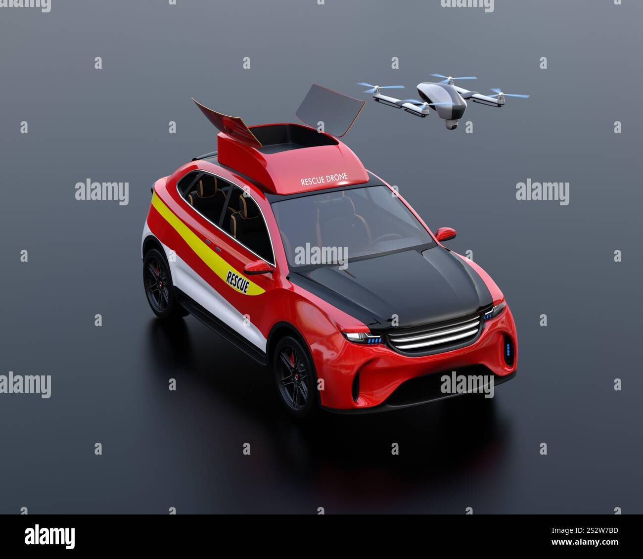 Concept image of search drone taking off and landing from disaster ...