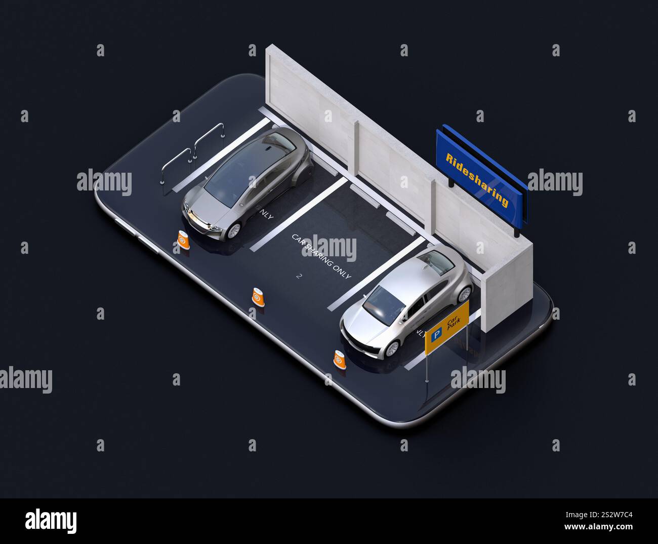 Isometric image of a car-sharing car park with ride-sharing signage on ...