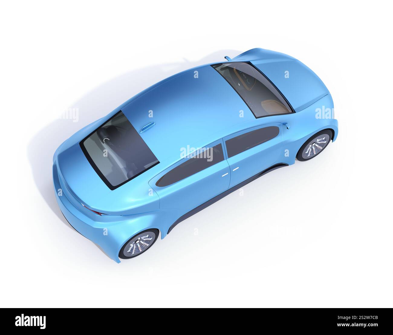 Bird's-eye view image of an electric car in metallic blue with white ...