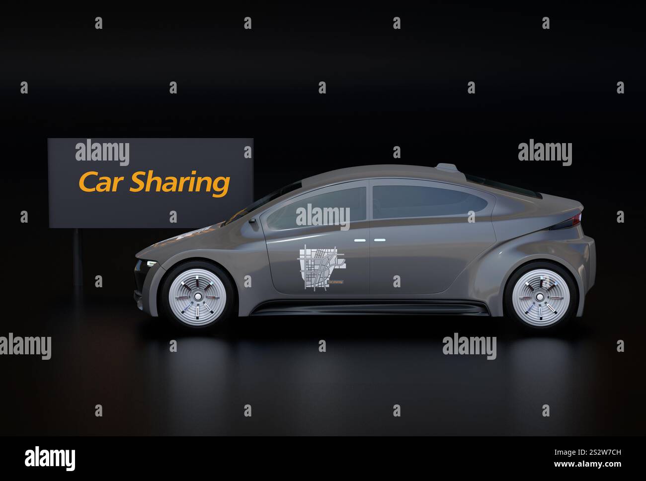 Side image of car-sharing sign and electric vehicle on black background ...