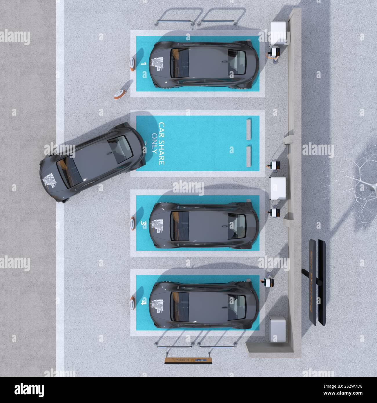 Bird's-eye view image of an electric vehicle charging in a dedicated ...