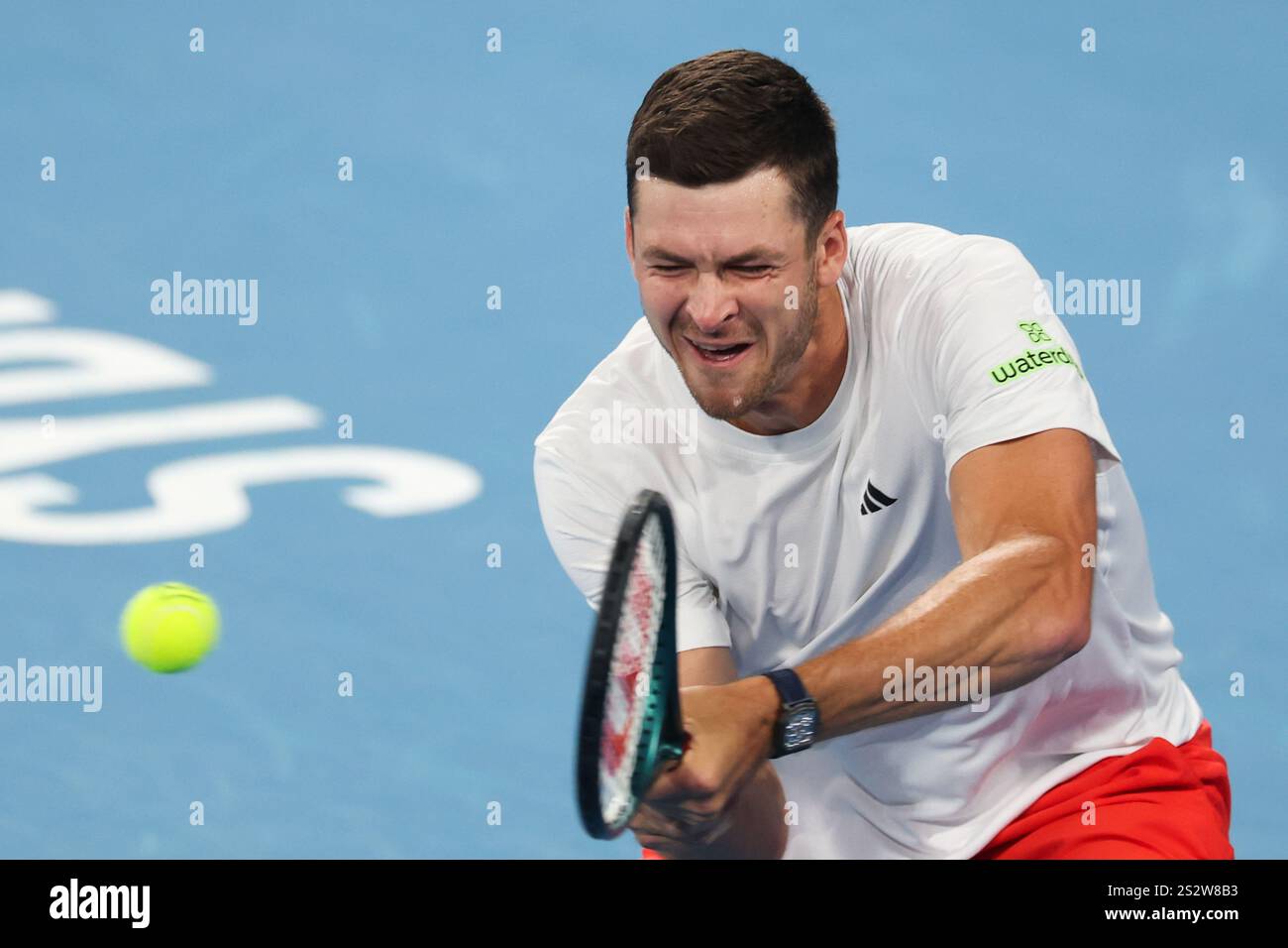 Hubert Hurkacz of Team Poland plays a backhand in his quarter-final ...