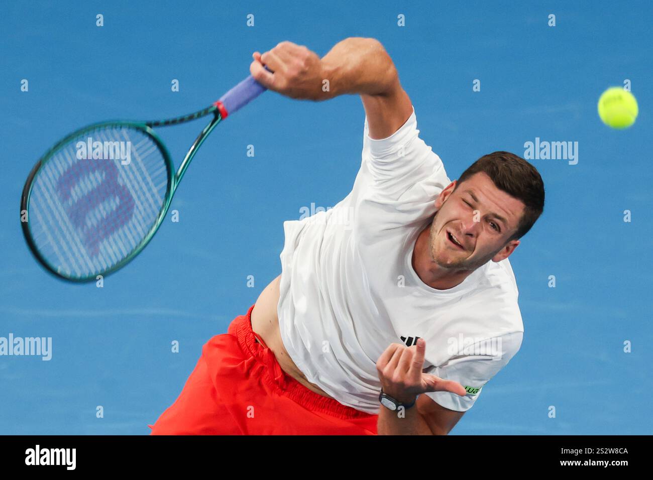 Hubert Hurkacz of Team Poland serves in his quarter-final match against ...