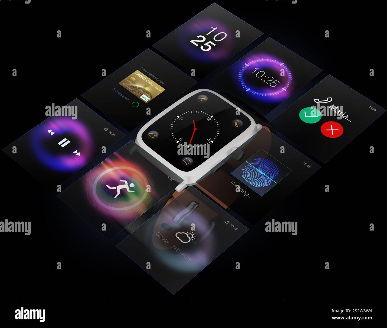 Composite image of smartwatch and UI screen on black background ...