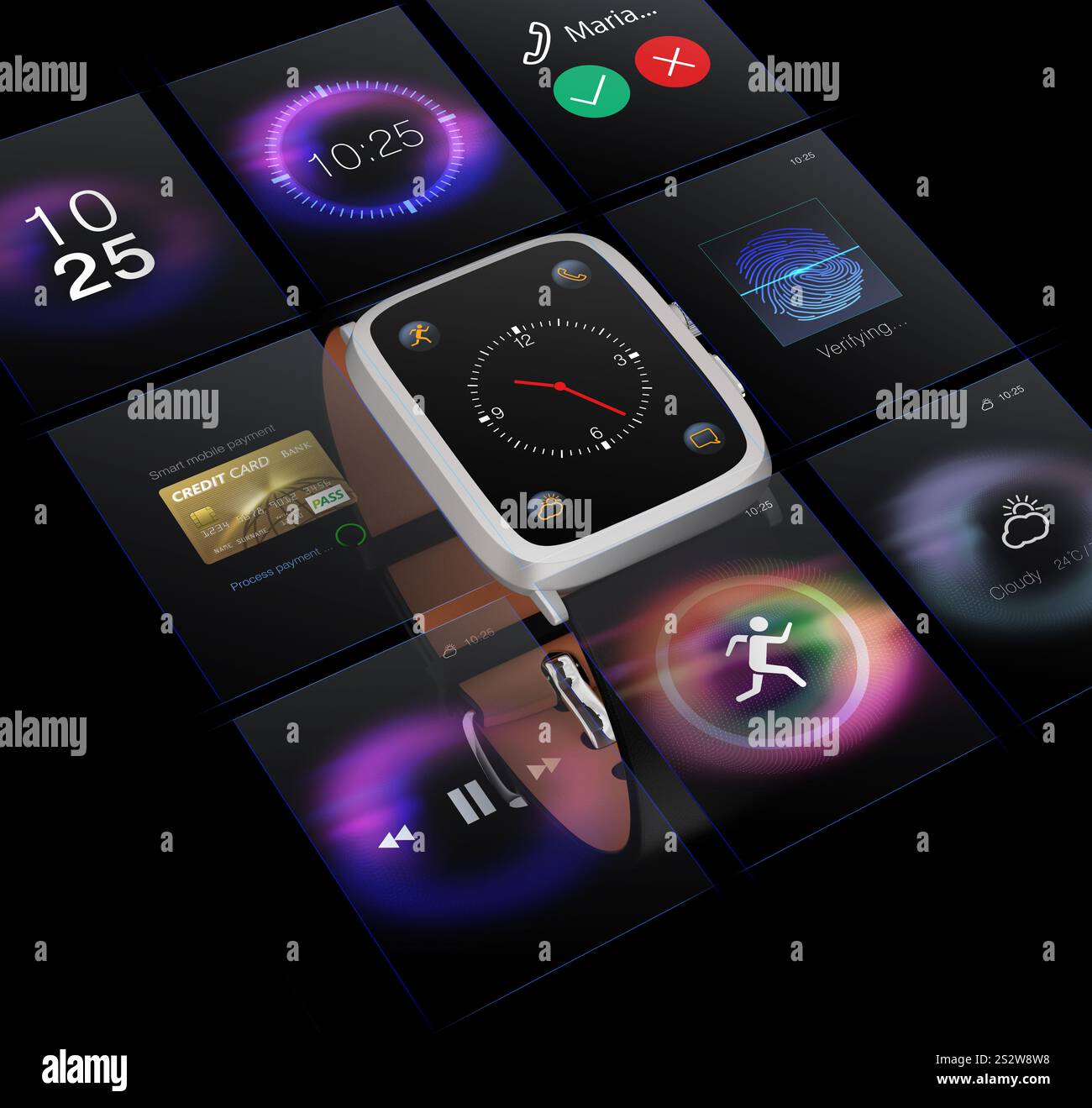 Composite image of smartwatch and UI screen on black background ...