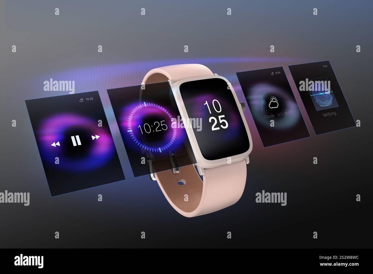 Composite image of smartwatch and UI screen on black background ...