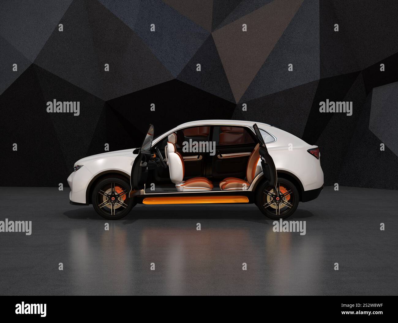 Interior image of an electric SUV. Front row seats swivel backwards for ...