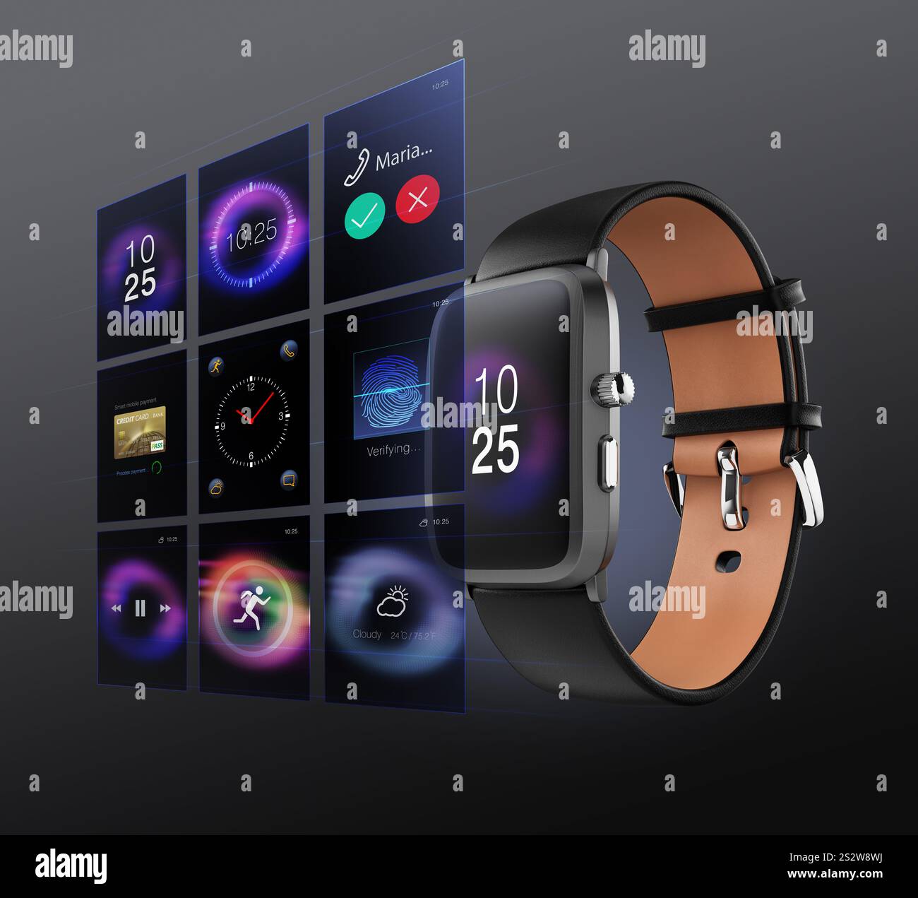Composite image of smartwatch and UI screen on black background ...