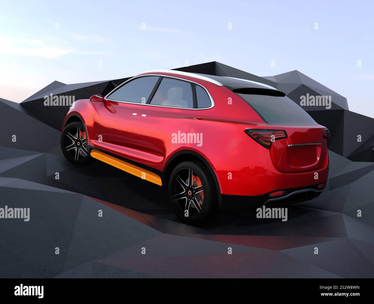 Image of metallic red electric SUV going up Polygon rocky terrain Stock ...
