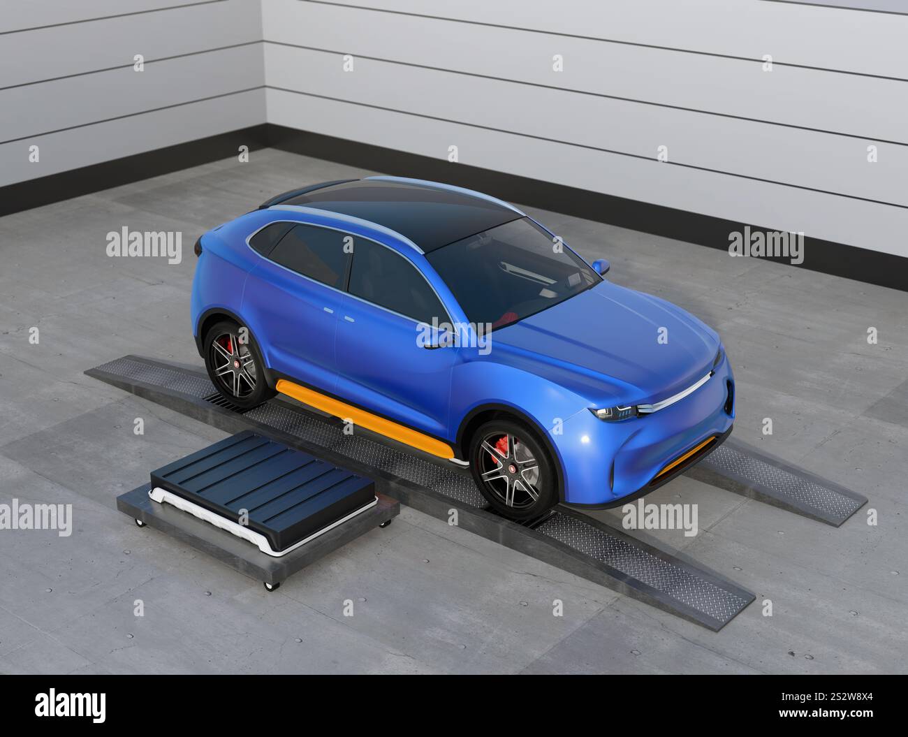 Clay rendered image of an electric SUV changing batteries at a battery ...
