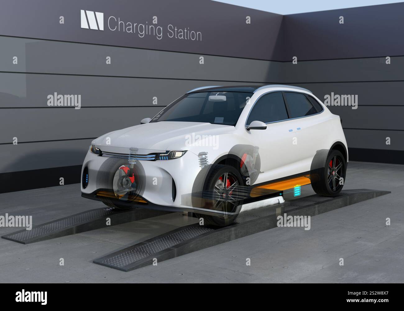 Structural image of an electric SUV with the battery being replaced at ...