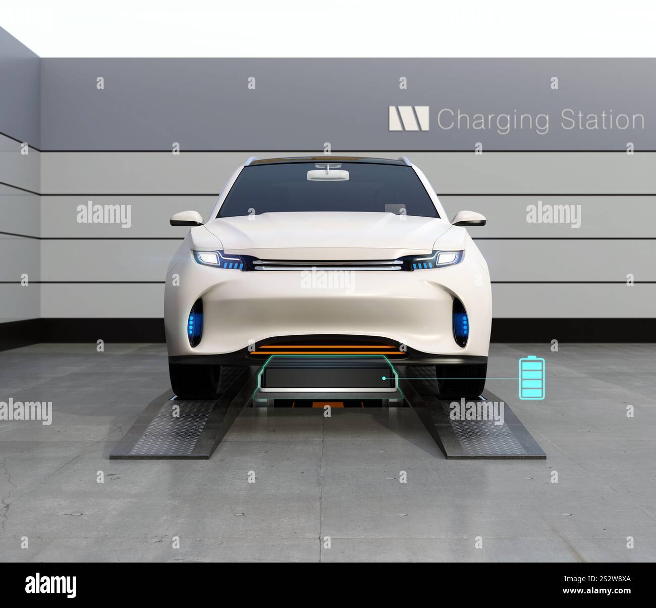 Front image of an electric SUV having its battery replaced at a battery ...