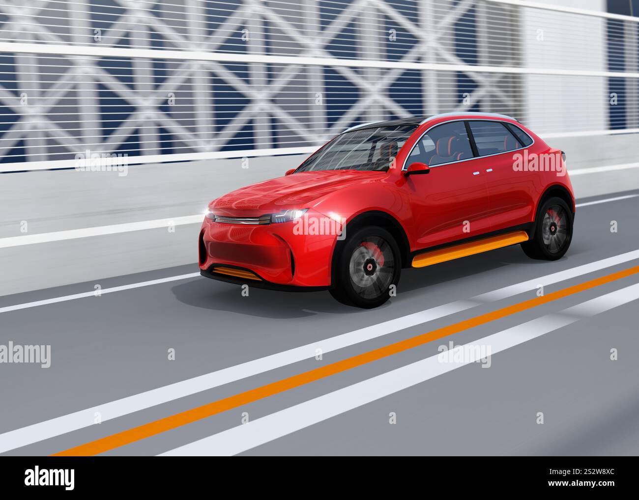 Metallic red automated electric SUV travelling on a motorway Stock ...