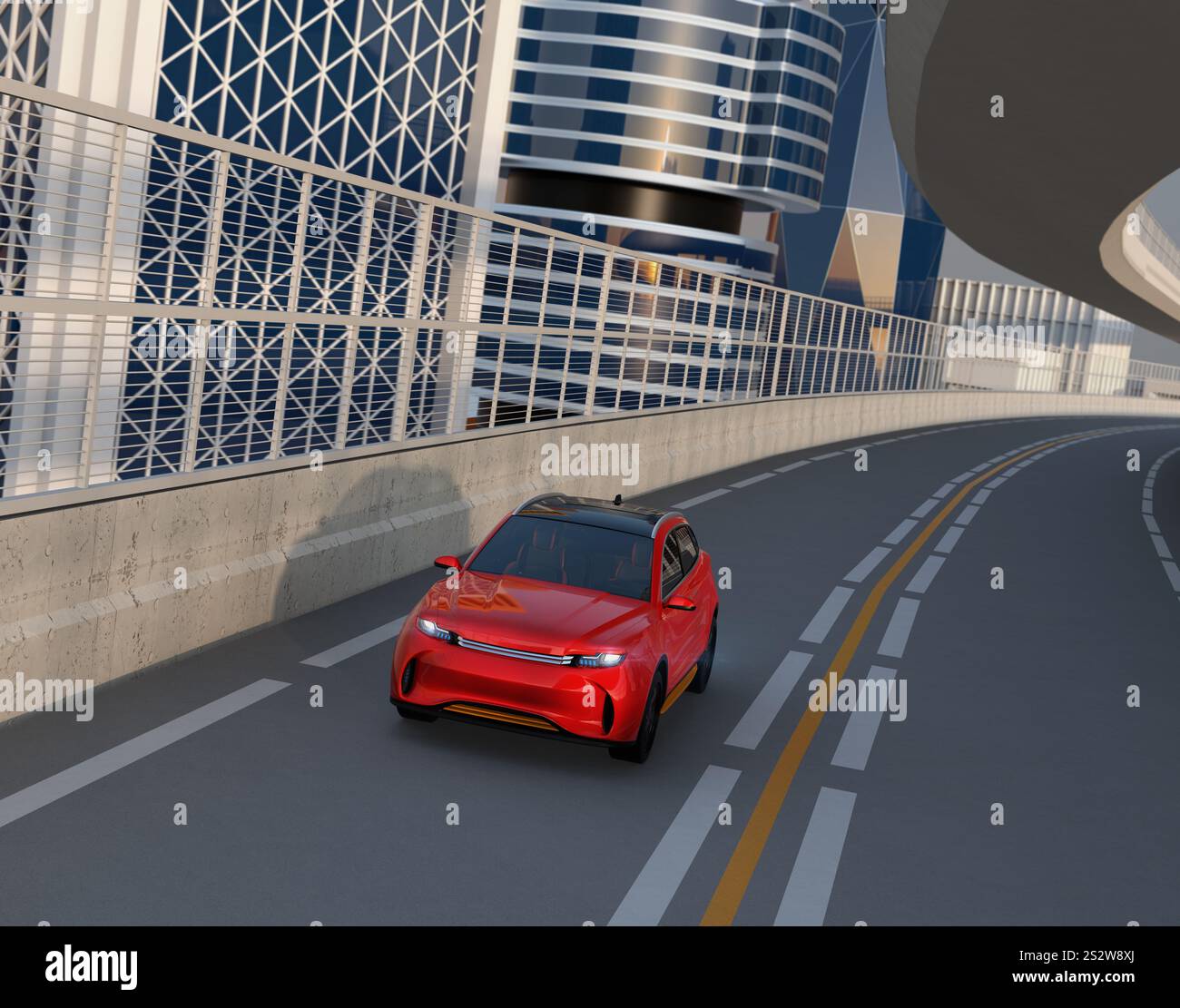 Metallic red automated electric SUV travelling on a motorway Stock ...