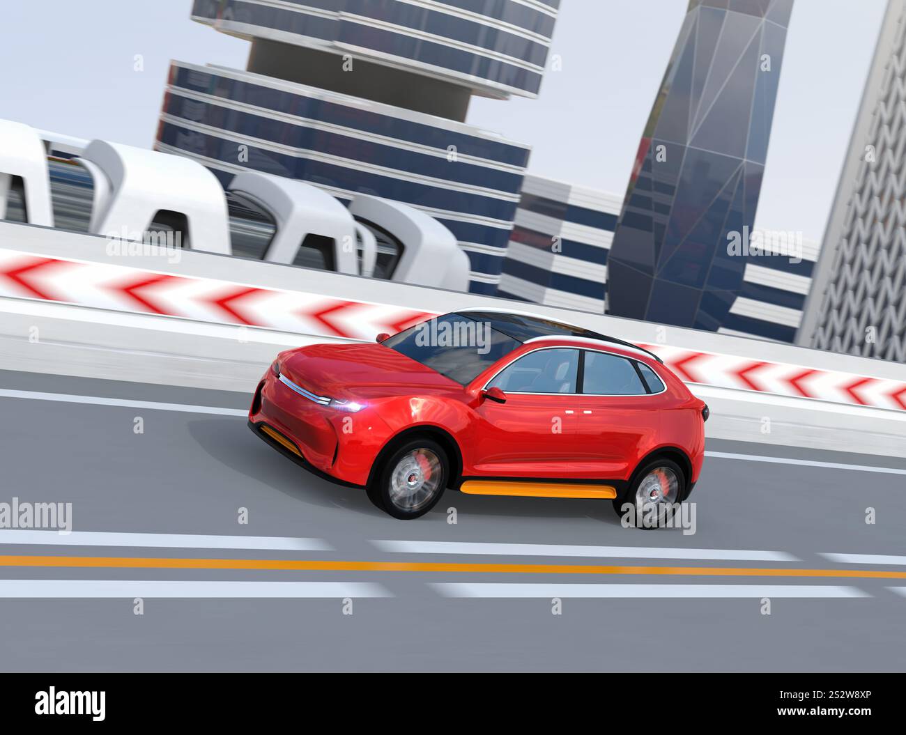 Metallic red automated electric SUV travelling on a motorway Stock ...