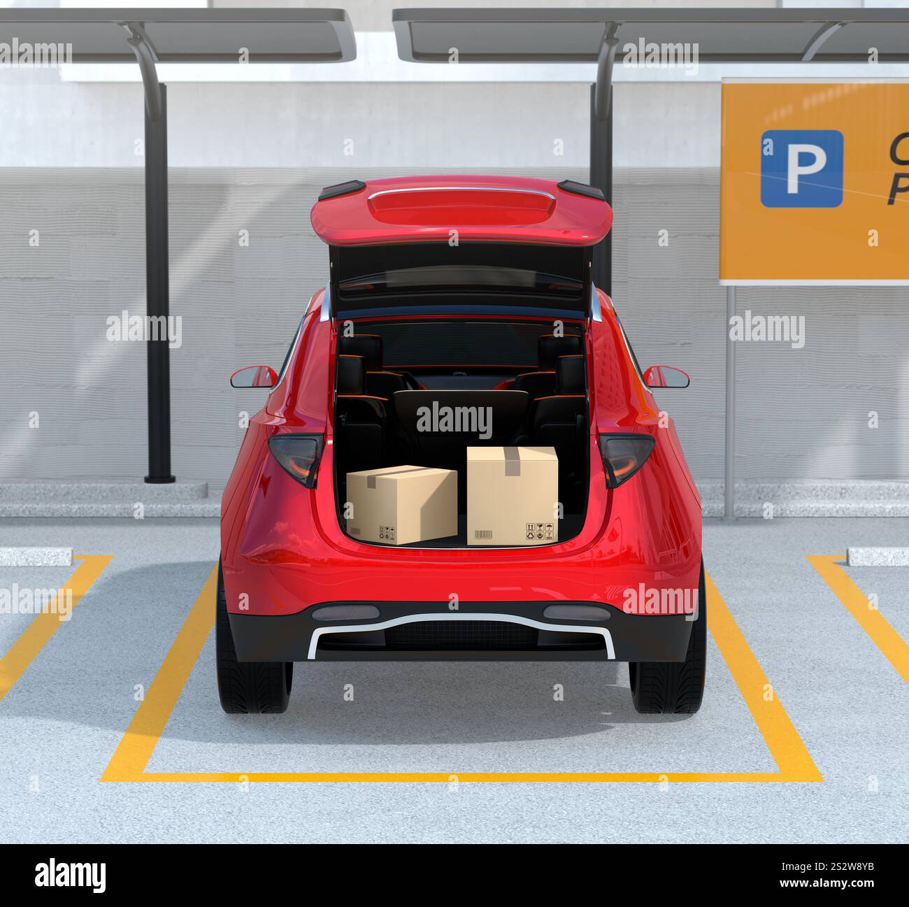 The boot of the parked SUV is opened to prepare for the in-car delivery ...