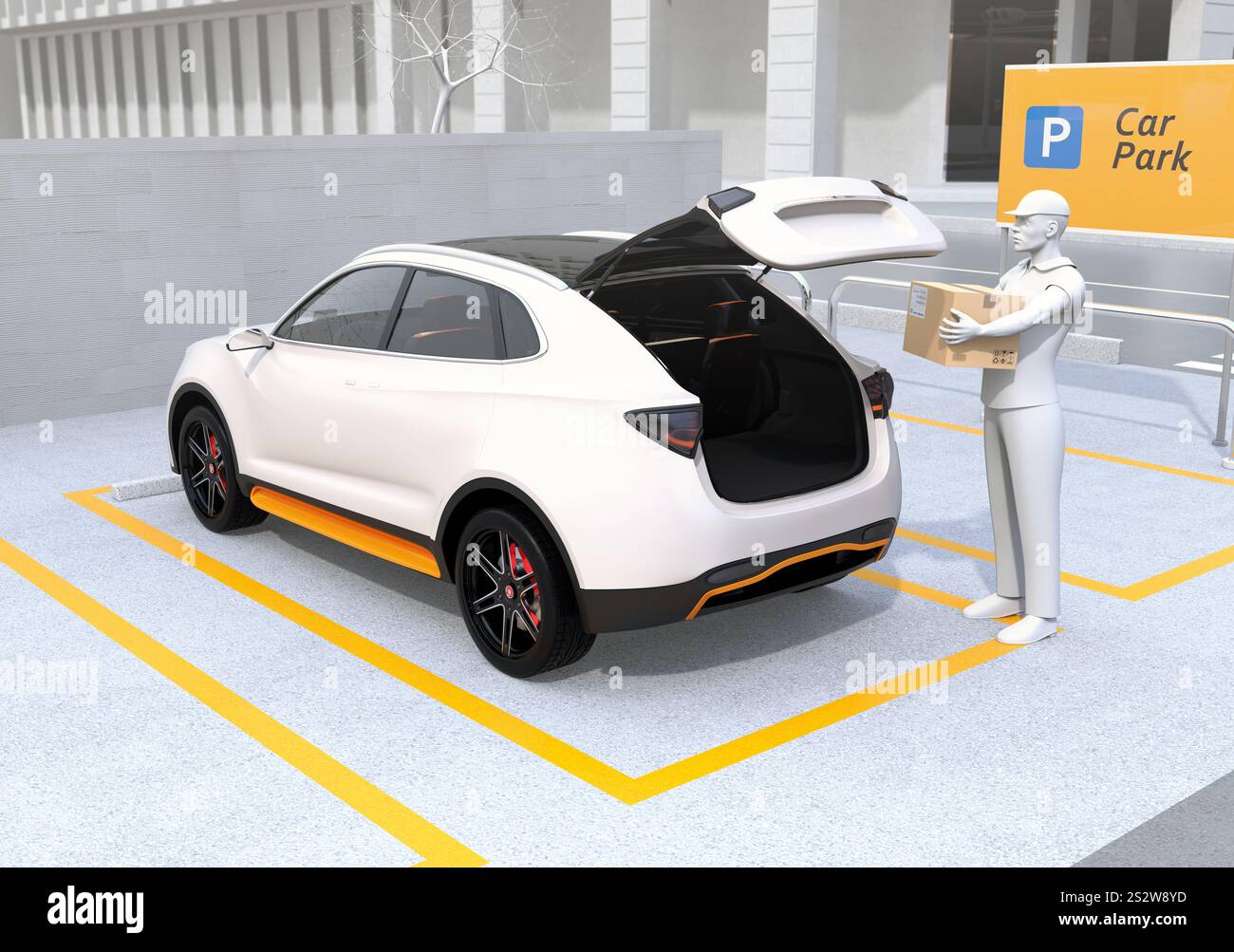 The delivery person opens the boot of the car in the parking lot to ...