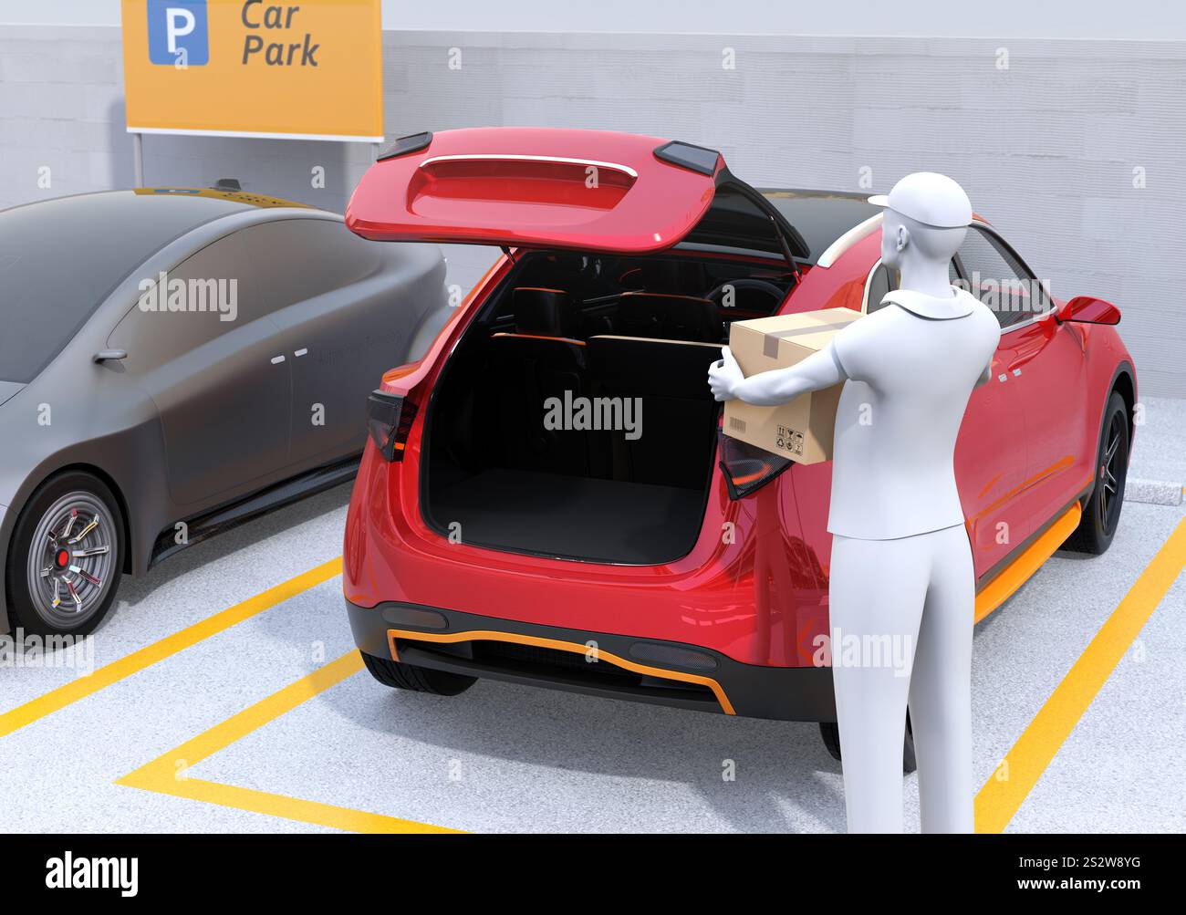 The delivery person opens the boot of the car in the parking lot to ...