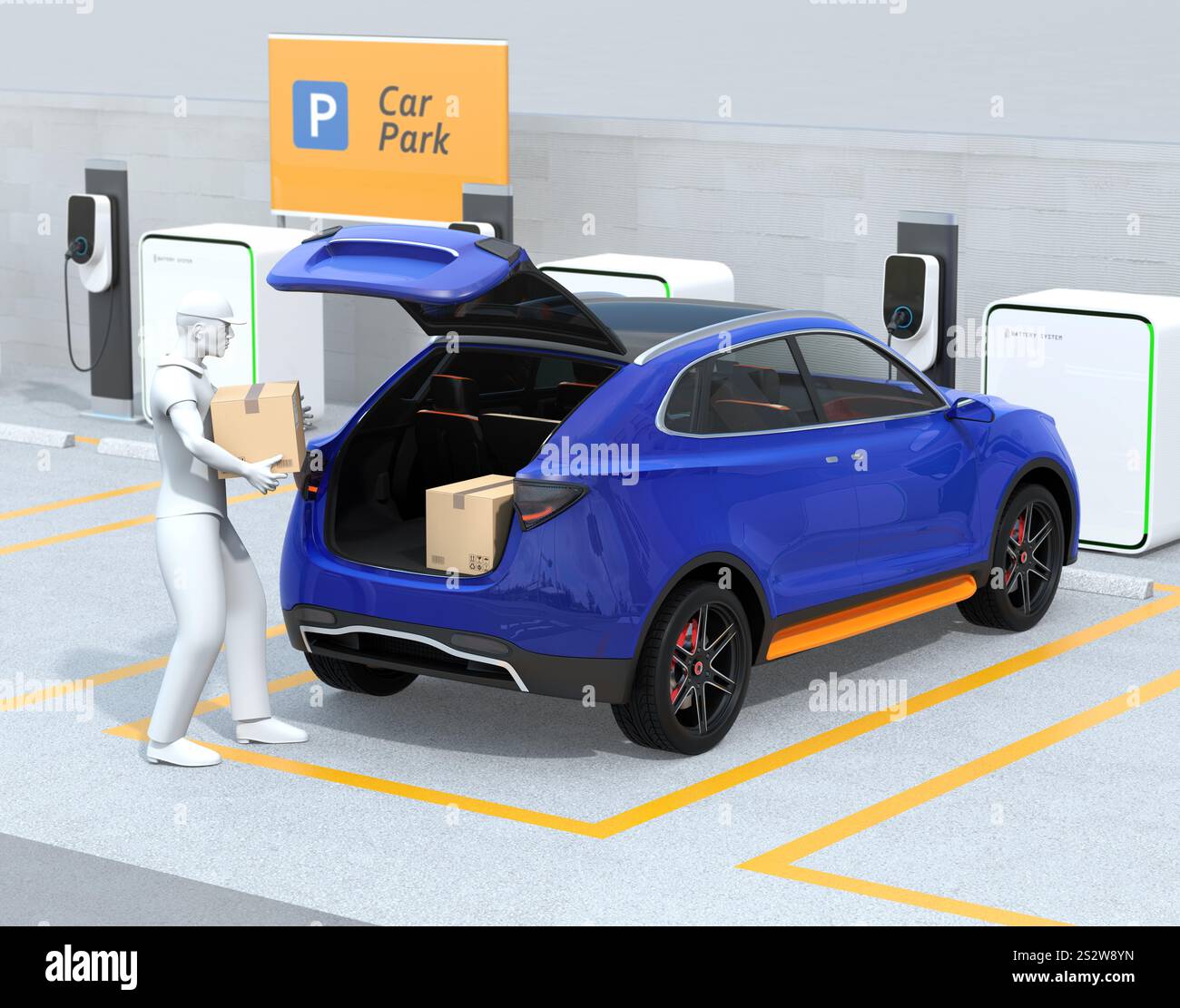 The delivery person opens the boot of the car in the parking lot to ...