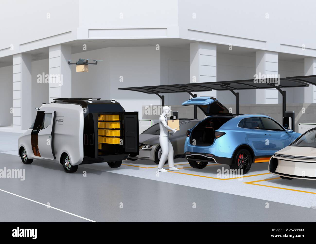 A delivery person opens the boot of a car in the parking lot and ...