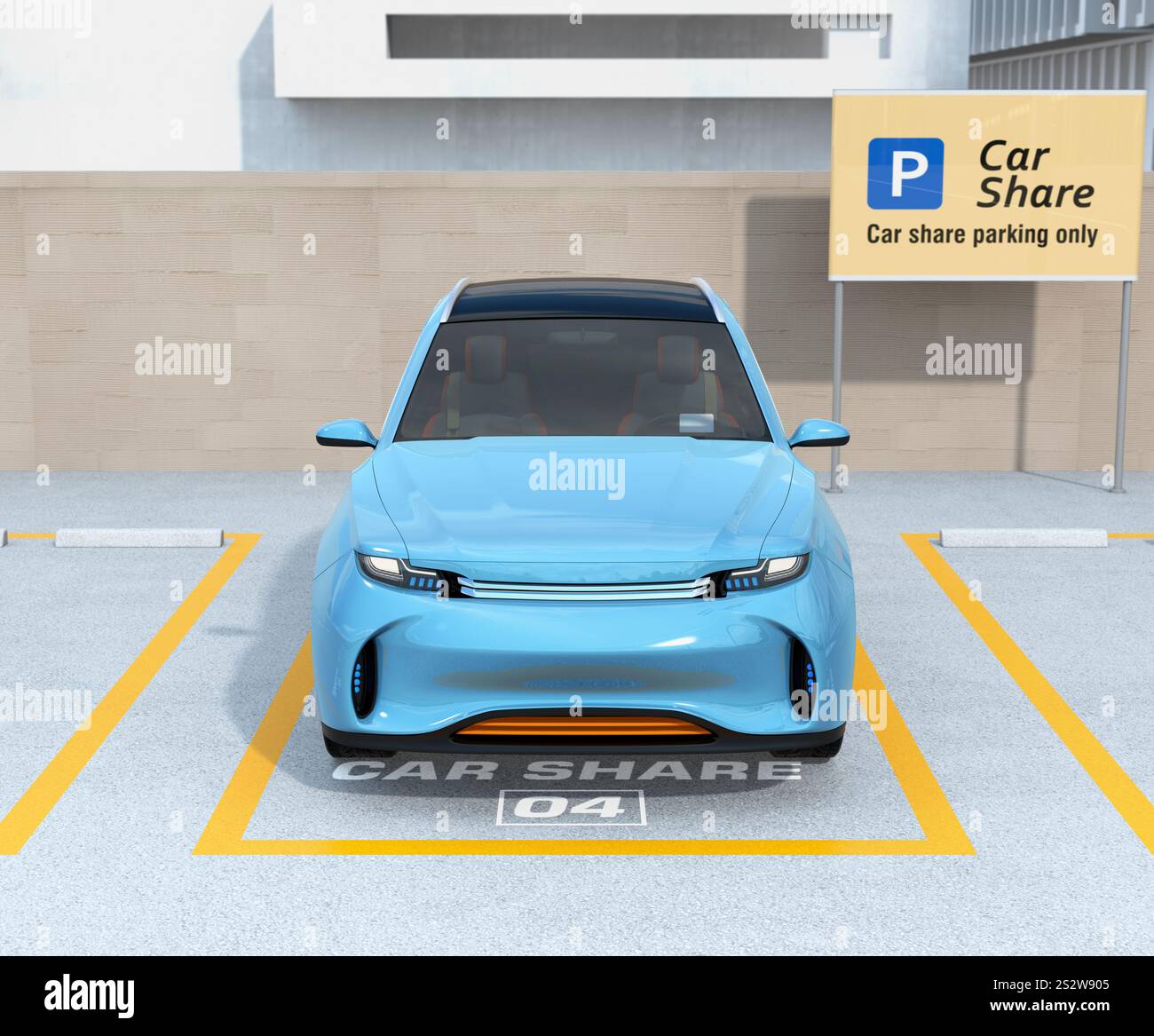 Frontal image of an electric SUV being parked in a dedicated car-sharing parking space Stock ...
