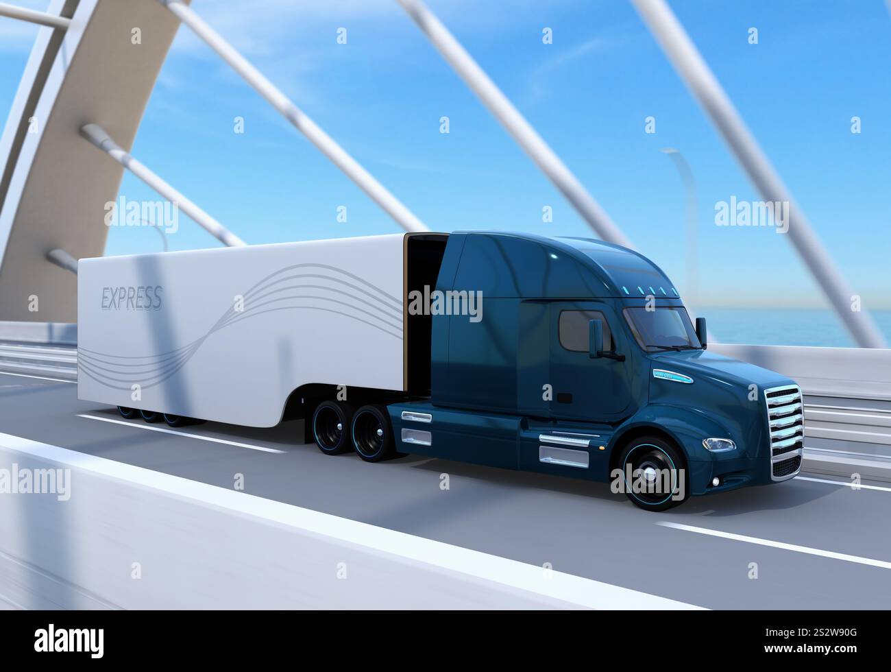 Image of blue fuel cell truck travelling on road bridge Stock Photo - Alamy
