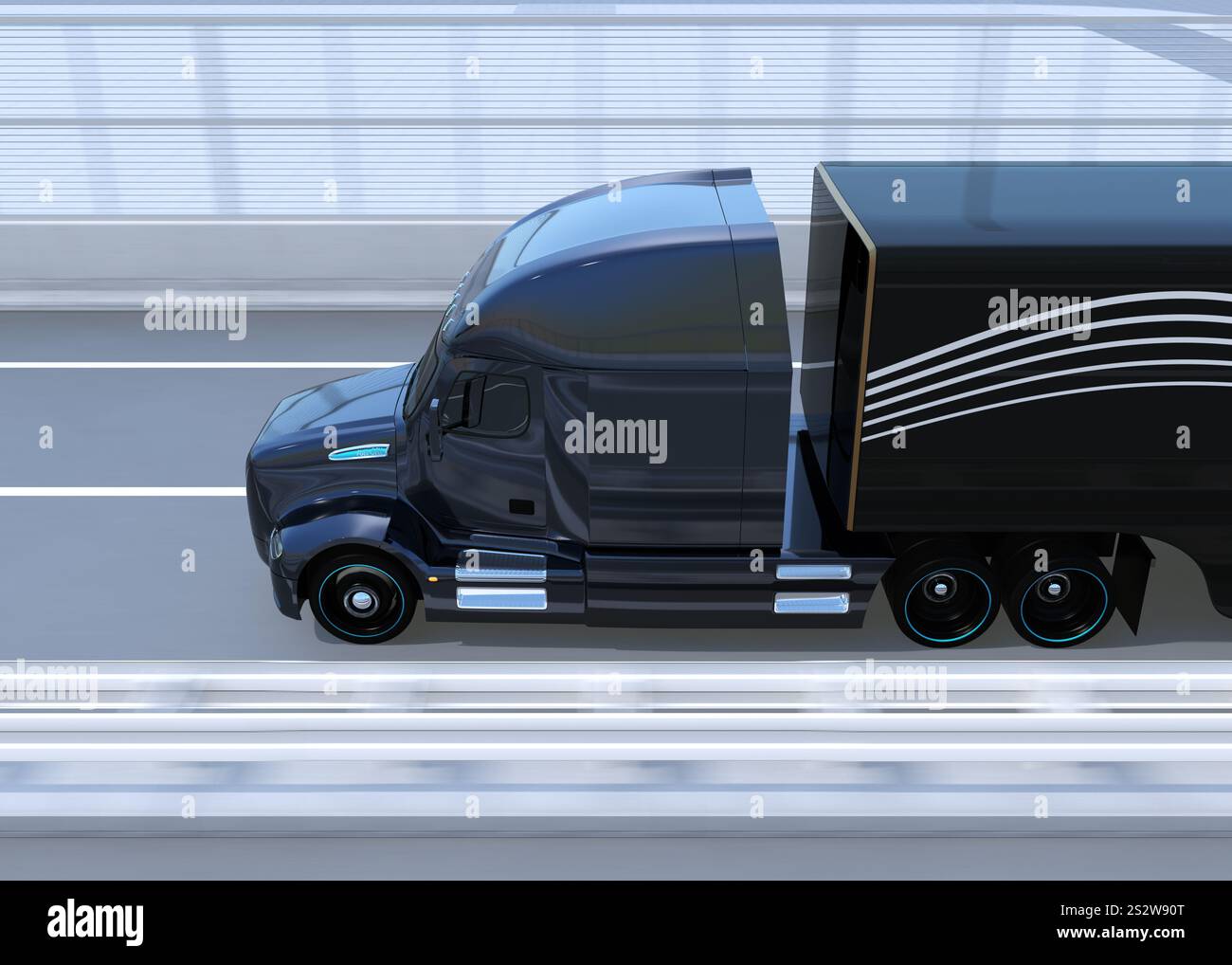 Side image of a black fuel cell truck travelling on a motorway Stock ...