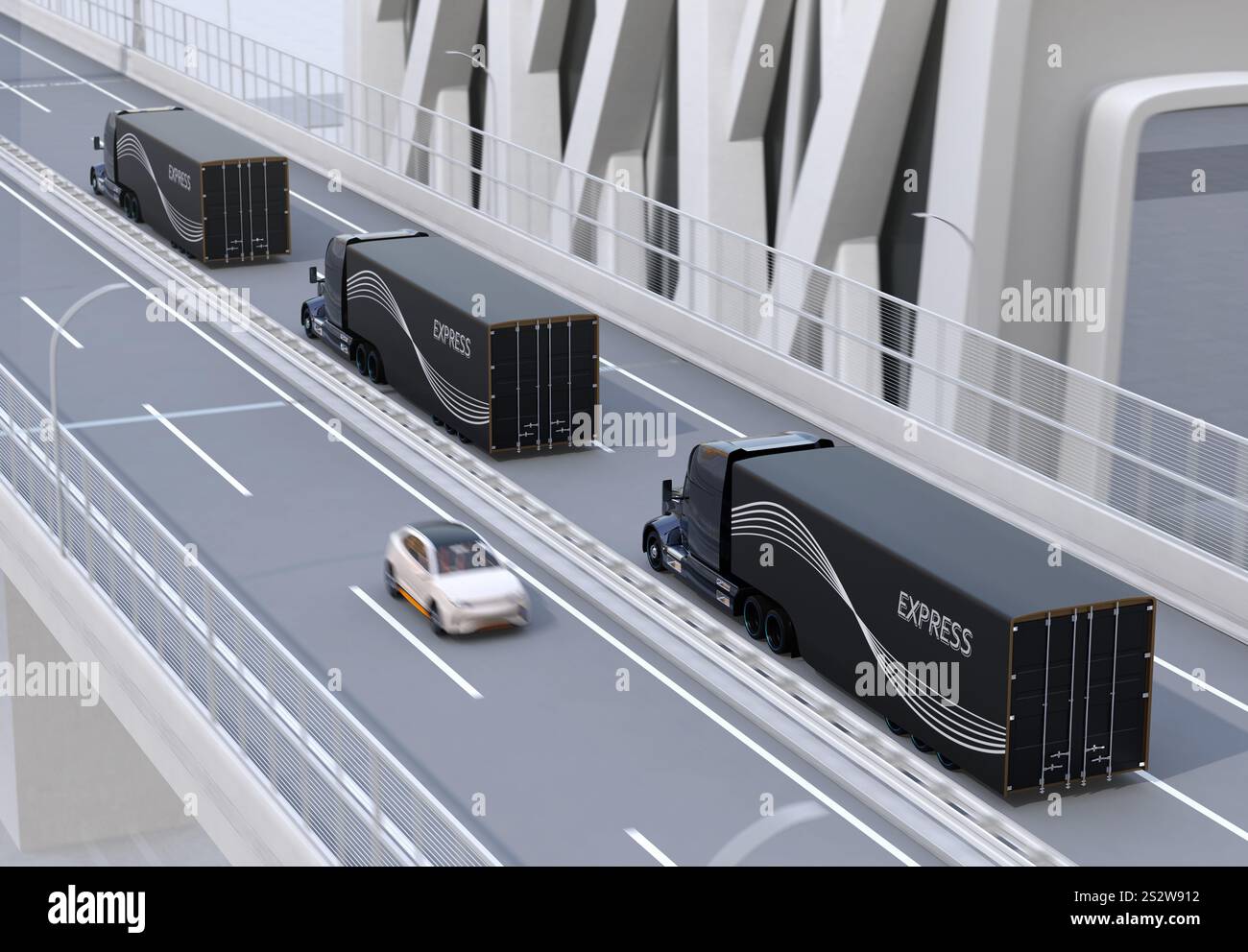 Image of a black fuel cell truck travelling in formation on a motorway ...