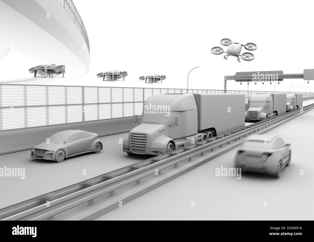 Clay rendered image of fuel cell truck travelling on motorway, delivery ...