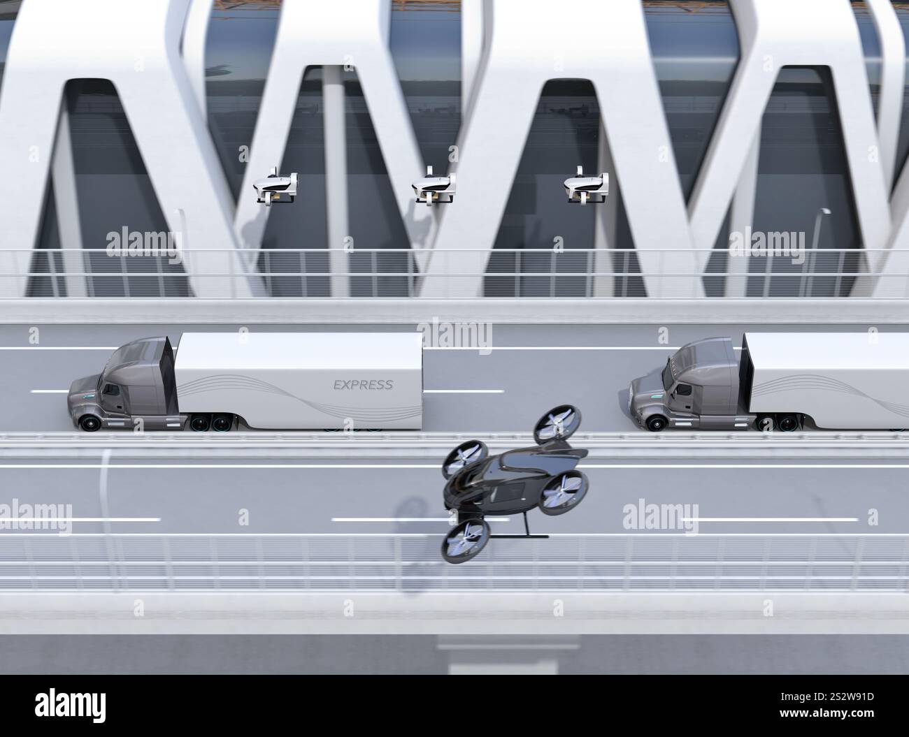 Image of a fuel cell truck travelling in formation on a motorway, a ...