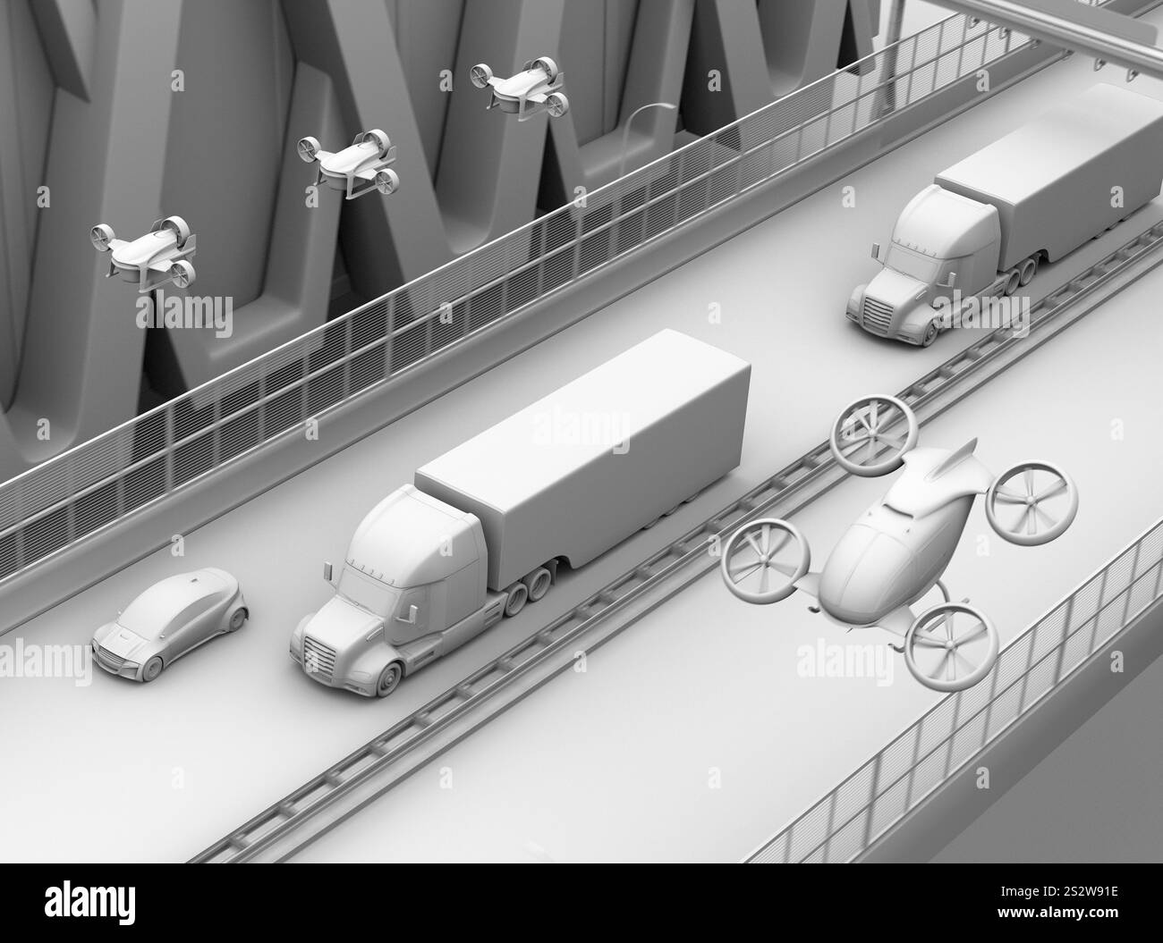 Clay rendering image of fuel cell trucks travelling in formation on a ...