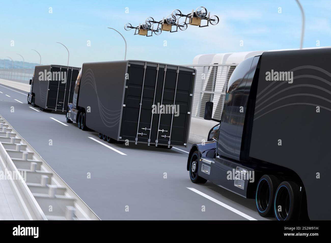 Image of a fuel cell truck travelling in formation on a motorway, a ...