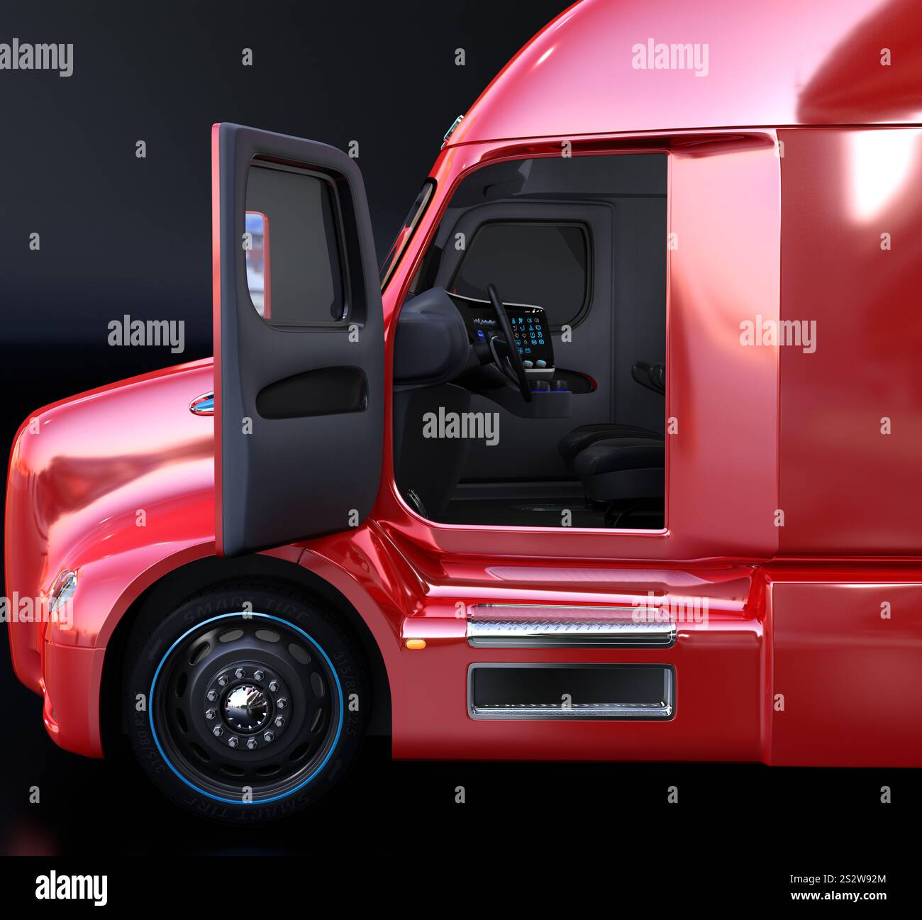 Side image of an electric truck cabin. Doors open, dashboard and ...