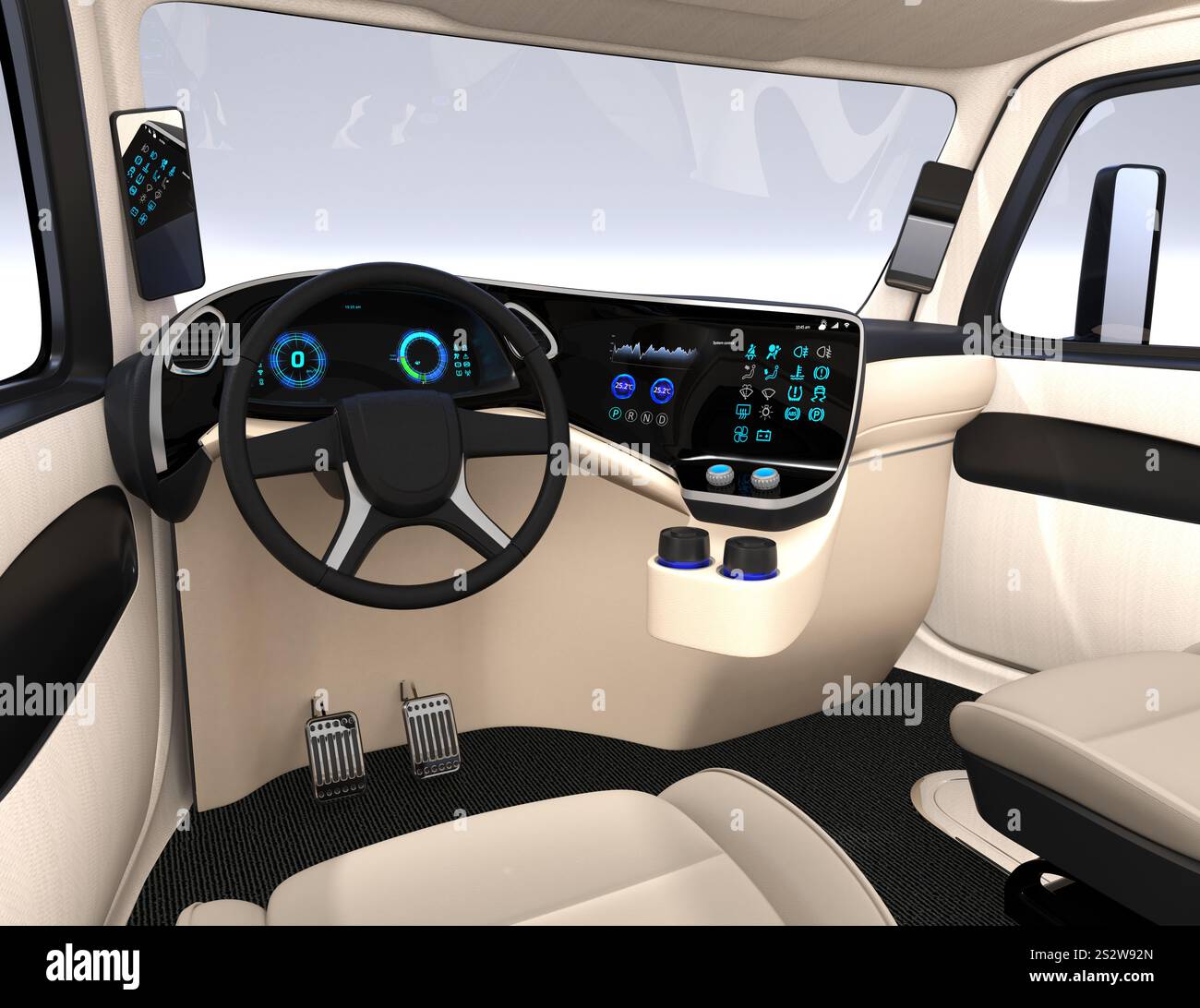 Interior image of an electric truck. It has a digital instrument panel ...