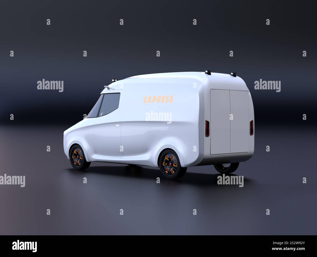 Rear image of an electric delivery minivan with white automatic ...