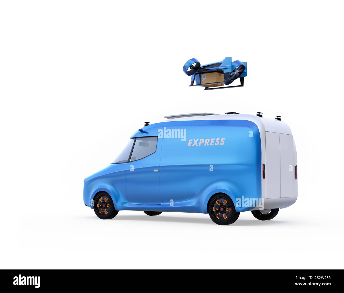 Image of a courier drone flying away from an electric delivery van ...
