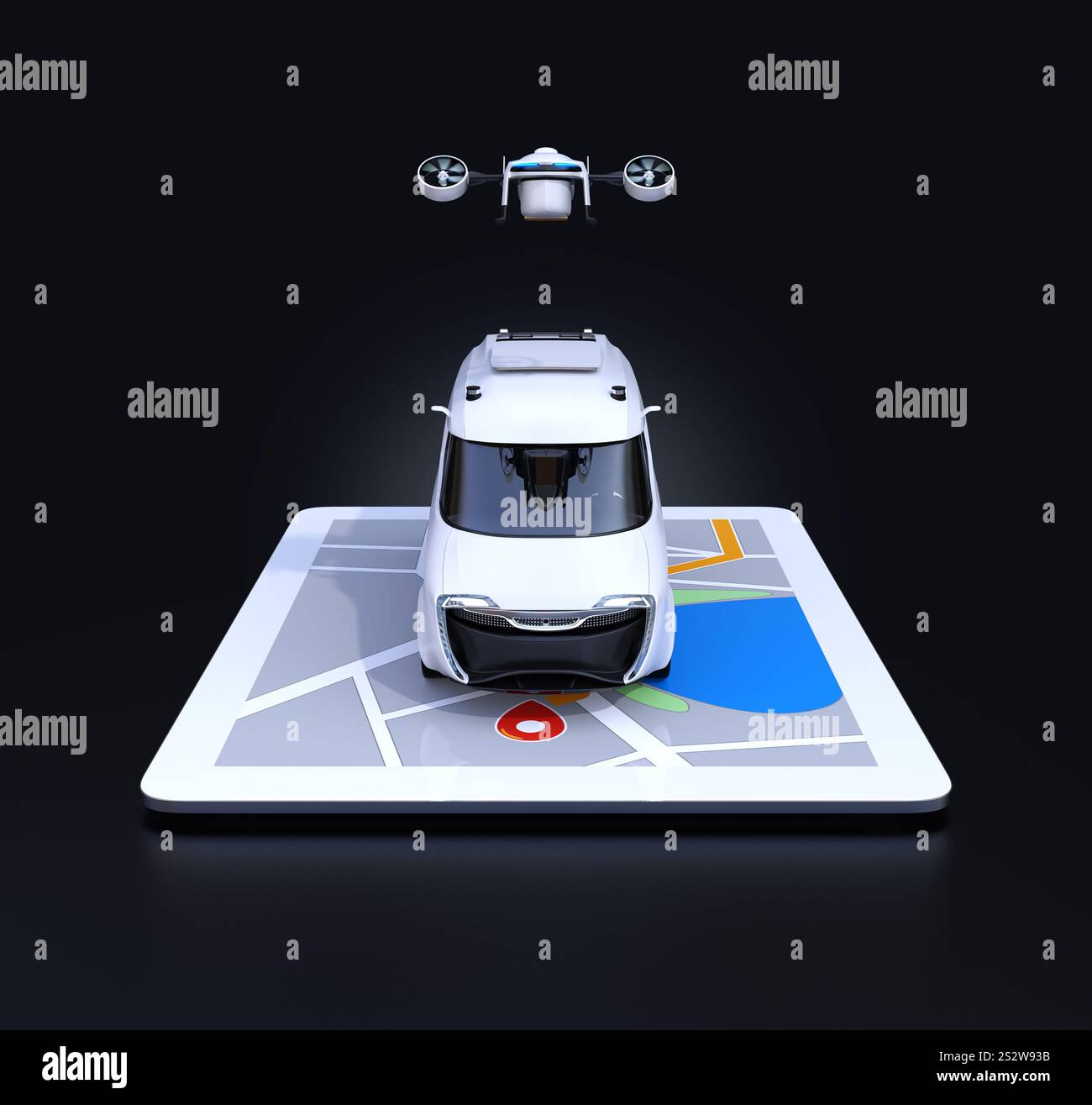 Image of an automated delivery vehicle and delivery drone on a tablet ...