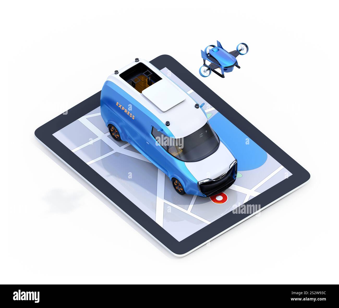 Image of an automated delivery vehicle and delivery drone on a tablet ...