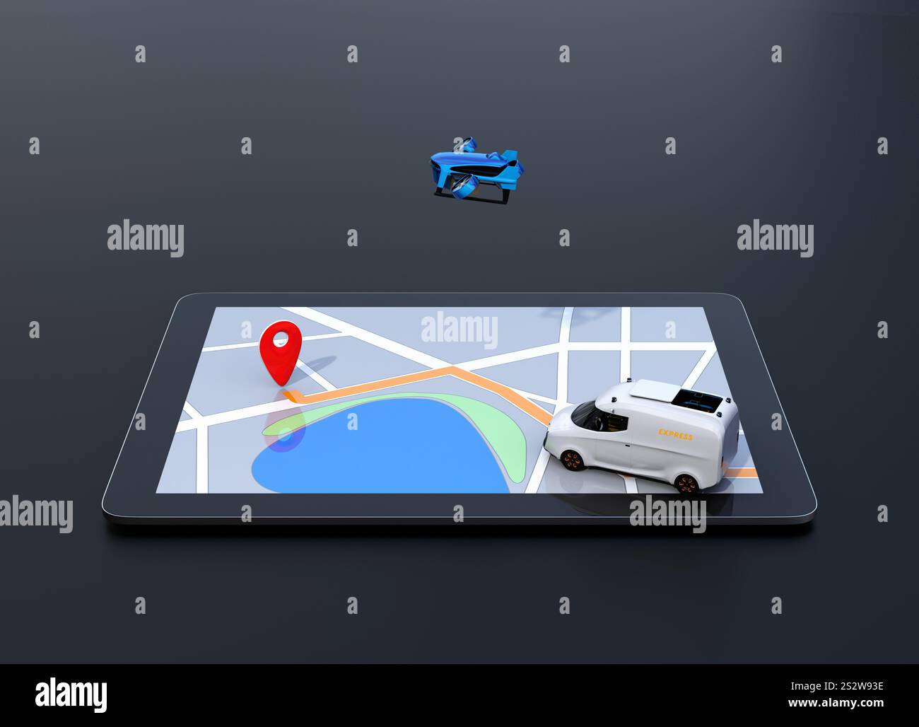 Image of an automated delivery vehicle and delivery drone on a tablet ...