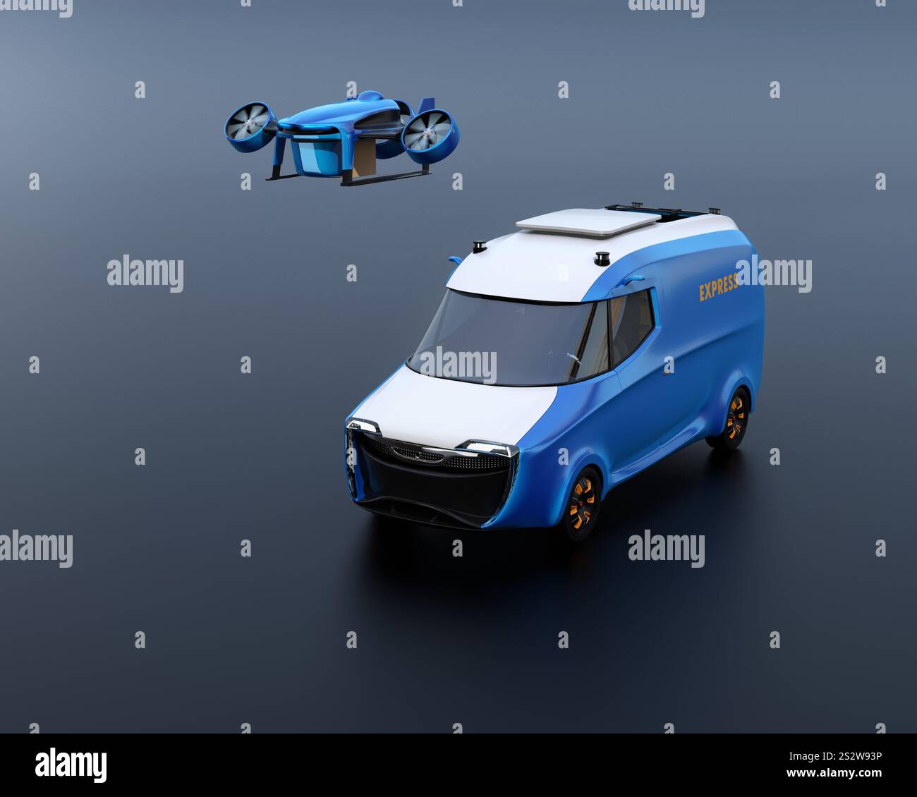 Image of a delivery drone flying away from an electric delivery van ...