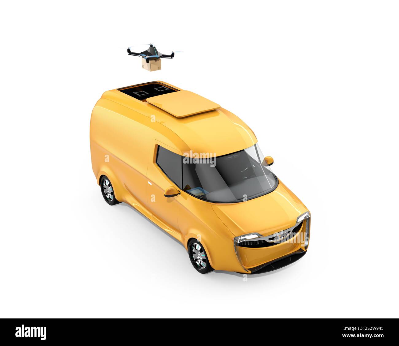 Image of a courier drone flying away from an electric delivery van ...