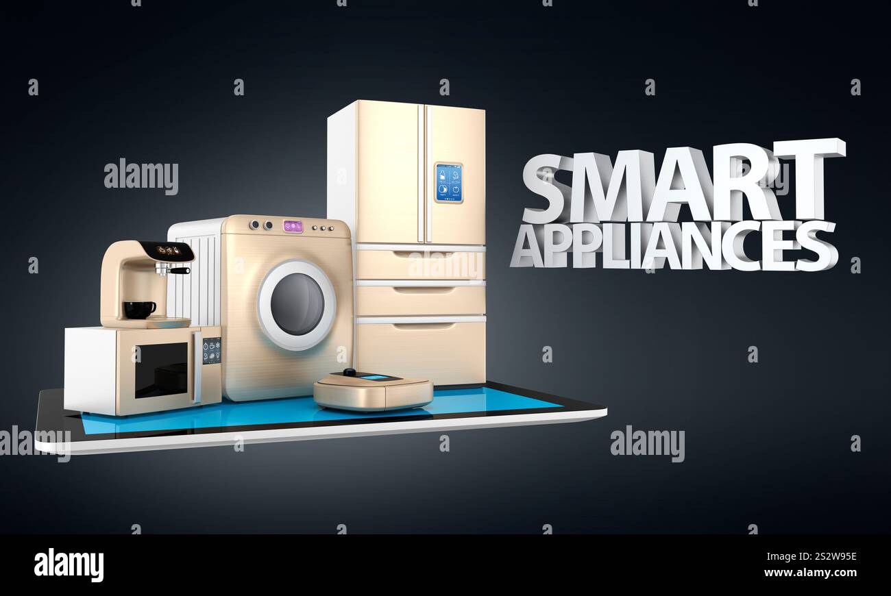 Smart home appliances and tablet PCs; concept of linking smart phones ...
