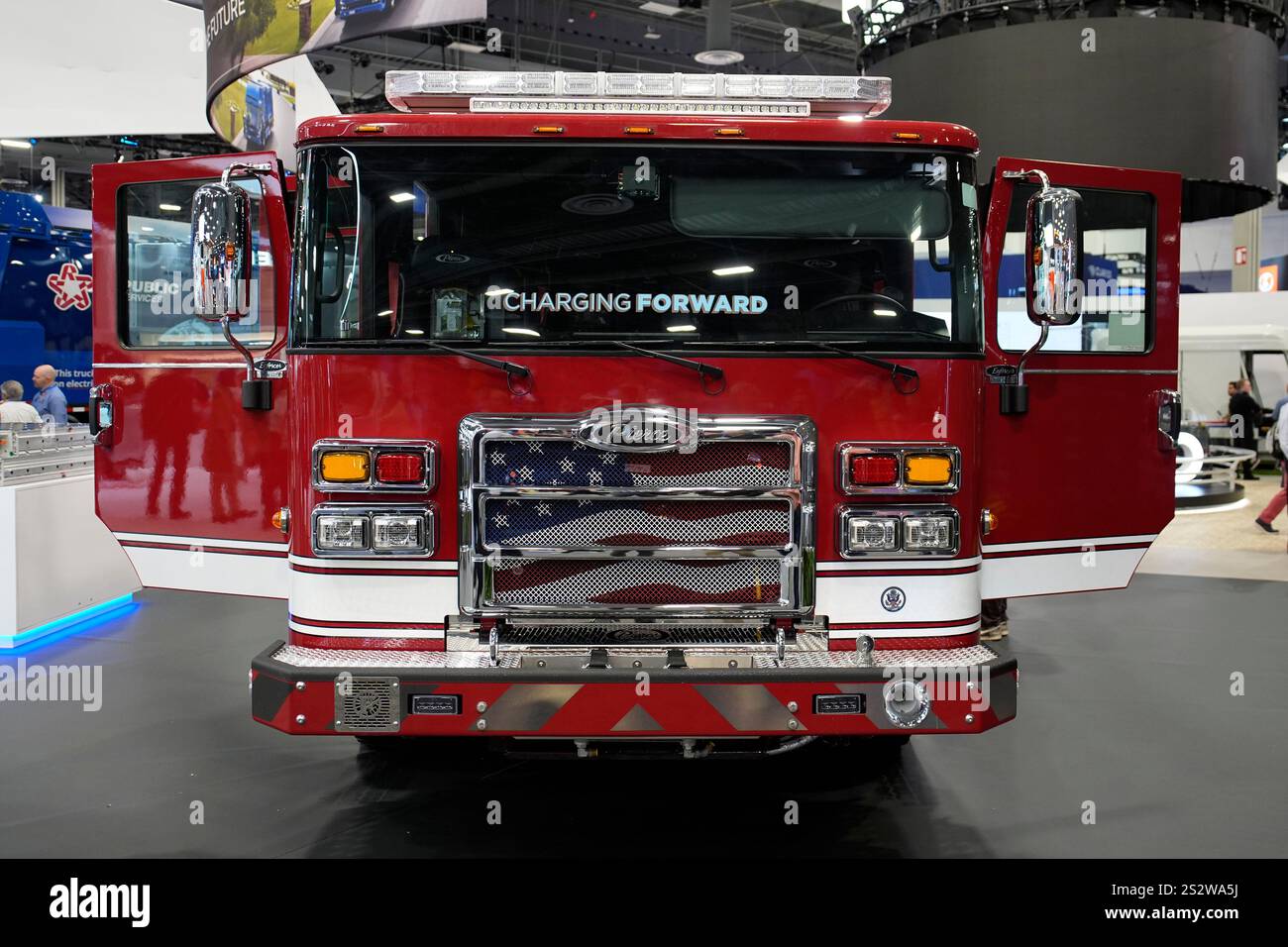 A Pierce Volterra electric fire truck is on display at the Oshkosh ...