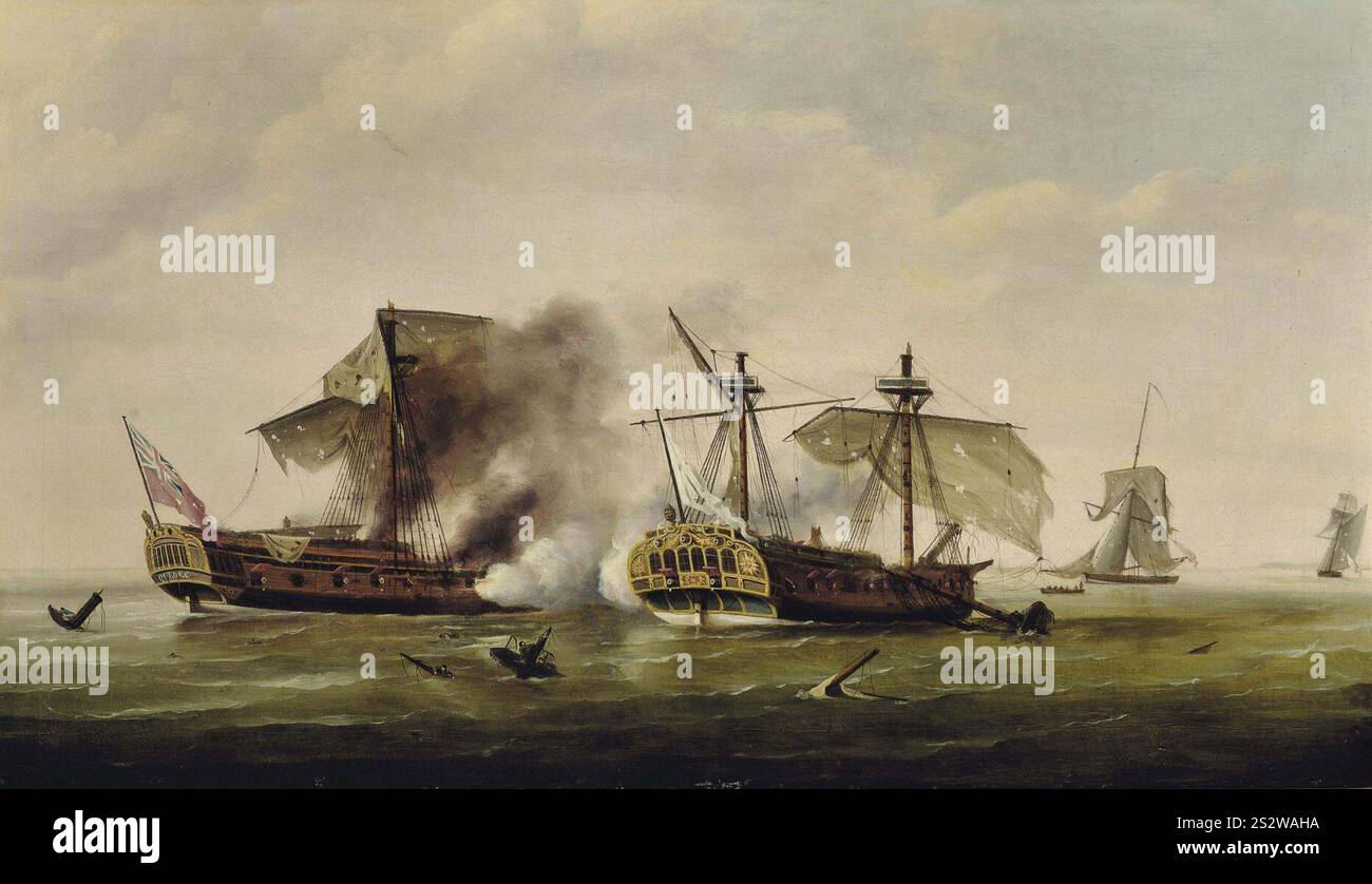 Francis Holman - H.M.S. Quebec ablaze at the end of her epic struggle ...