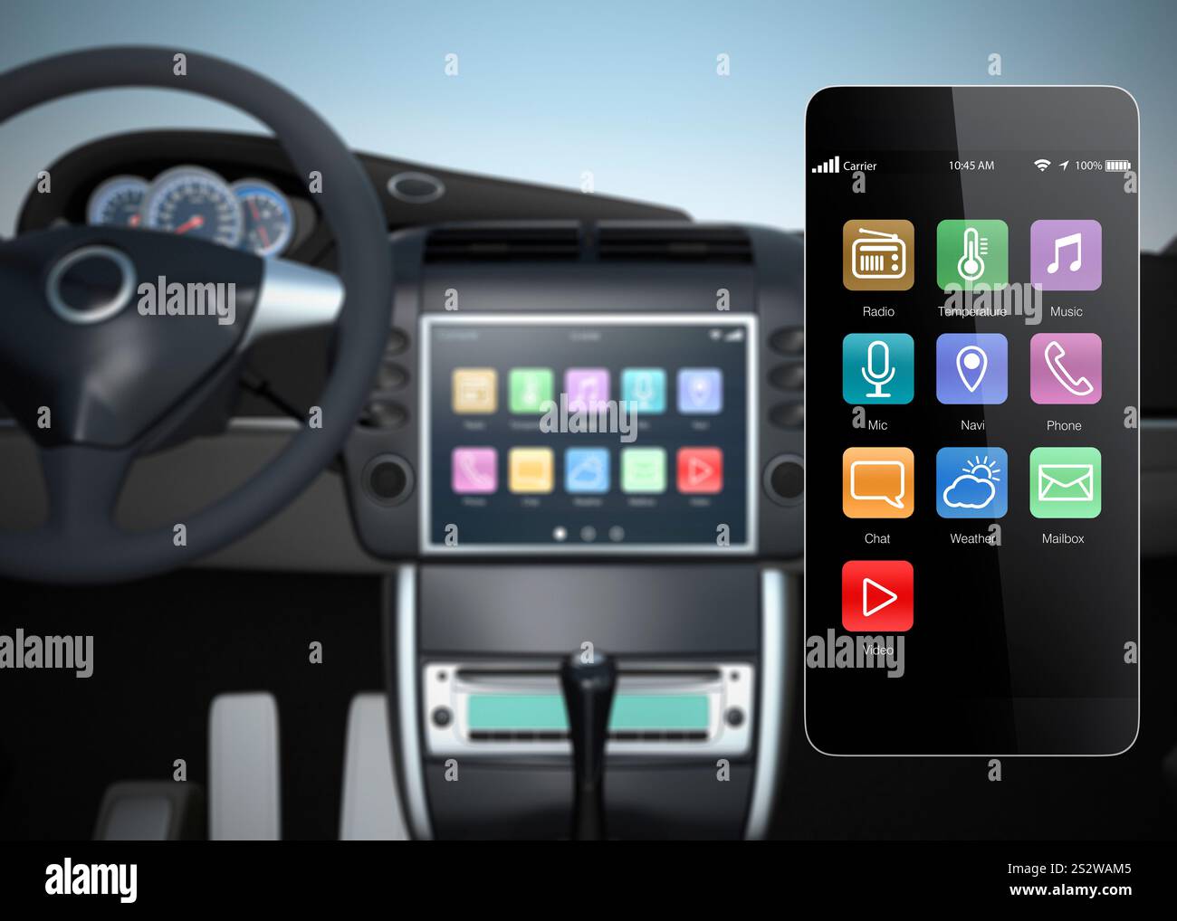 Smartphone and smart car navigation system synchronisation Stock Photo ...