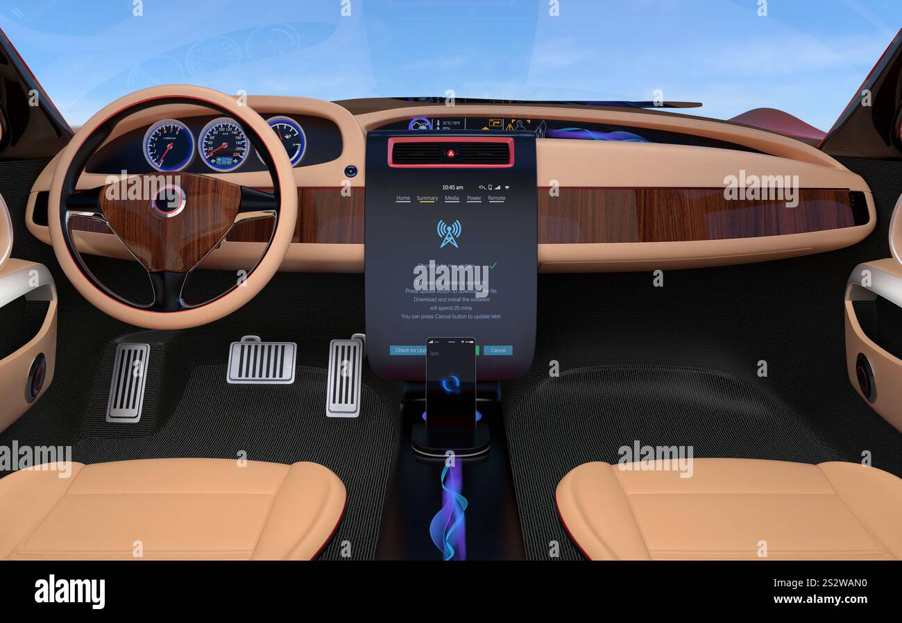 Wood grain car console panel displays software update notification ...
